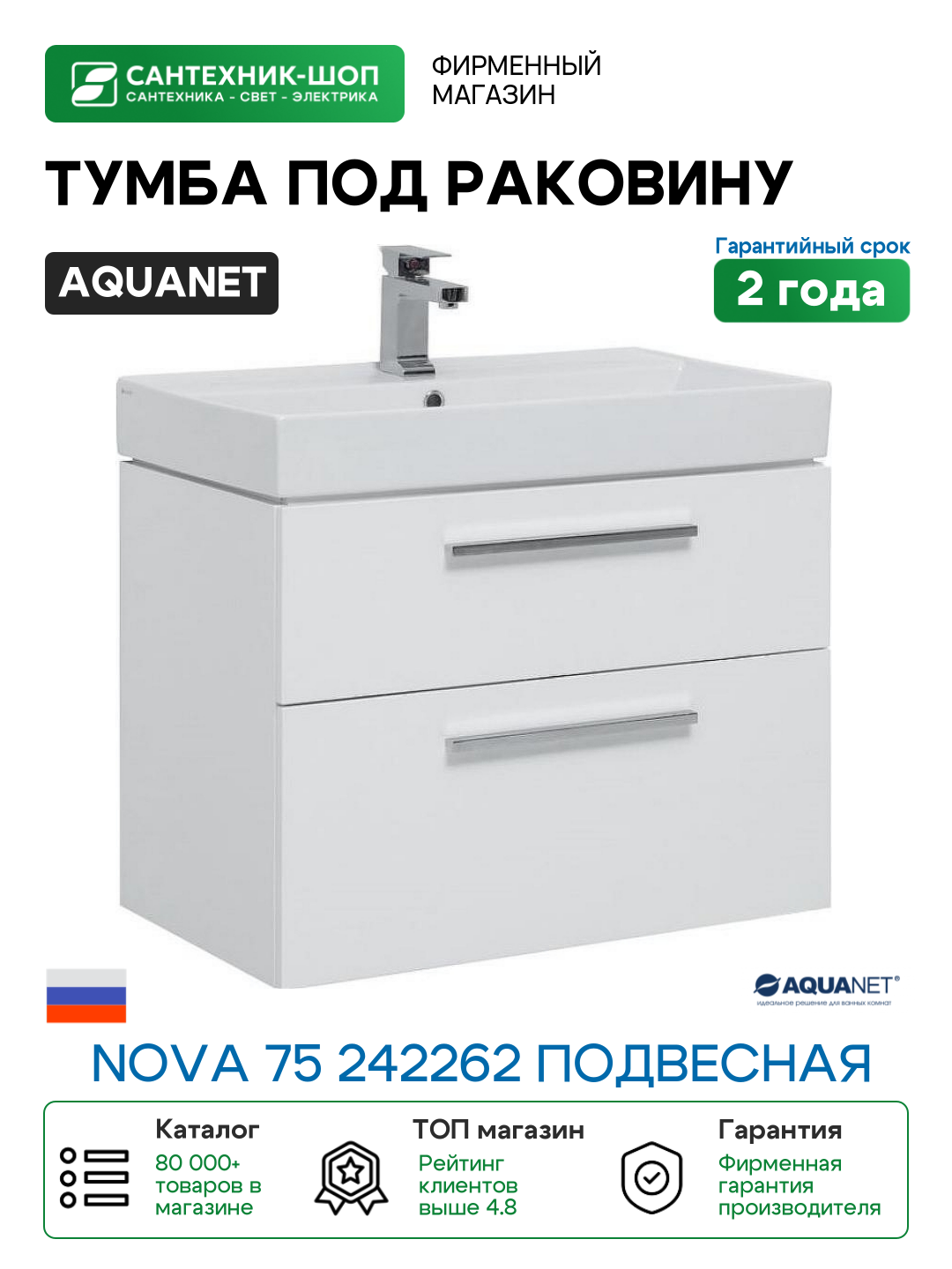 Тумба под раковину Aquanet Nova 75 242262 подвесная Белый глянец МДФ / ЛДСП