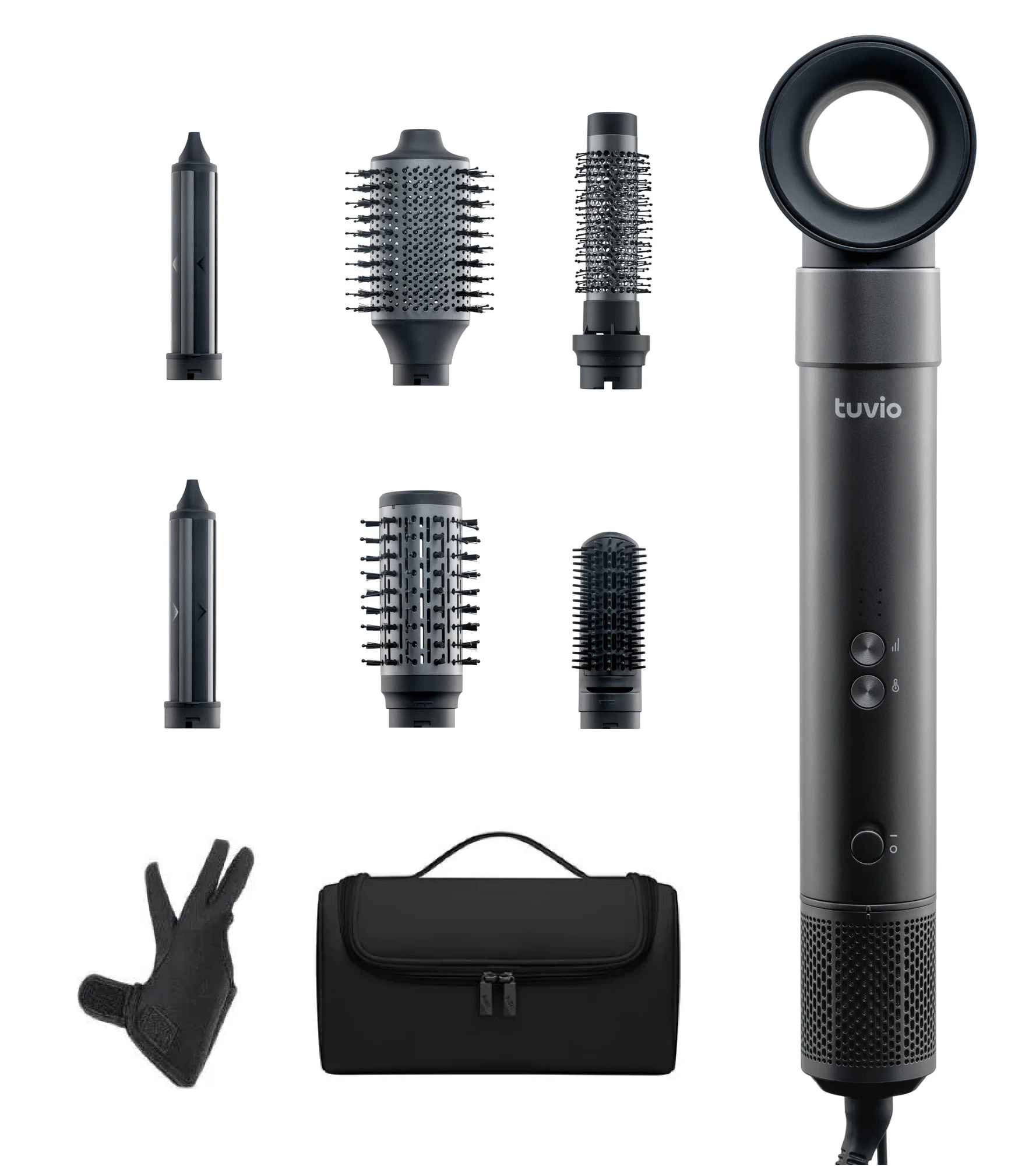 Фен-щётка с ионизацией Tuvio HBI1411 тёмный металлик, в подарок органайзер, термоперчатка