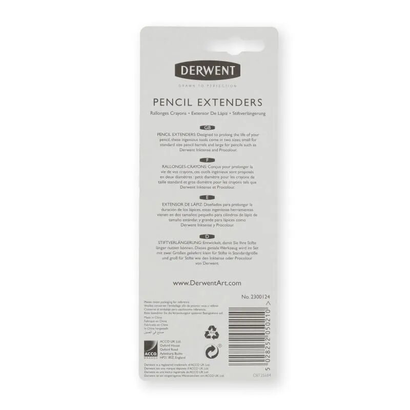 Держатель для карандашей Derwent Pencil Extenders, 2 шт, серебристый и черный, для художников — фото 1