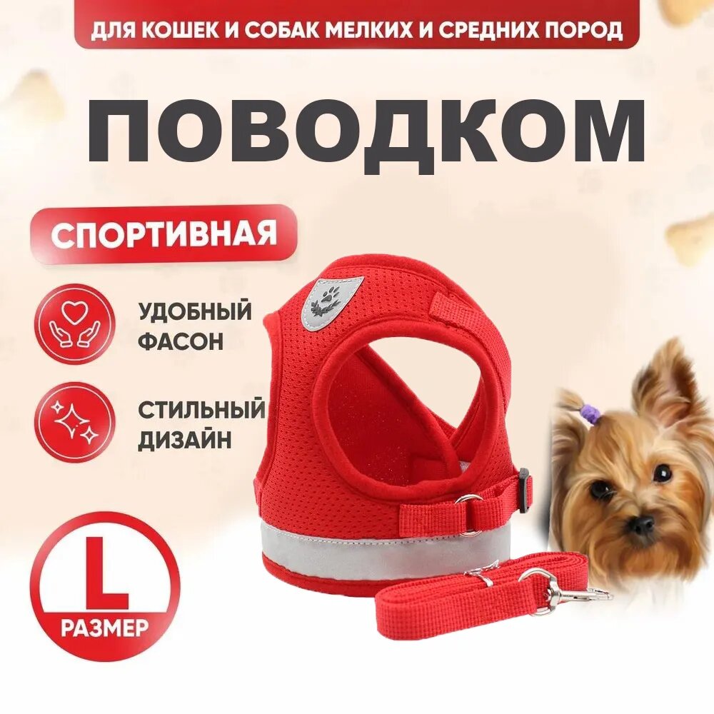 Шлейка для собак мелких пород и кошек с поводком Mirestra, красный, размер L