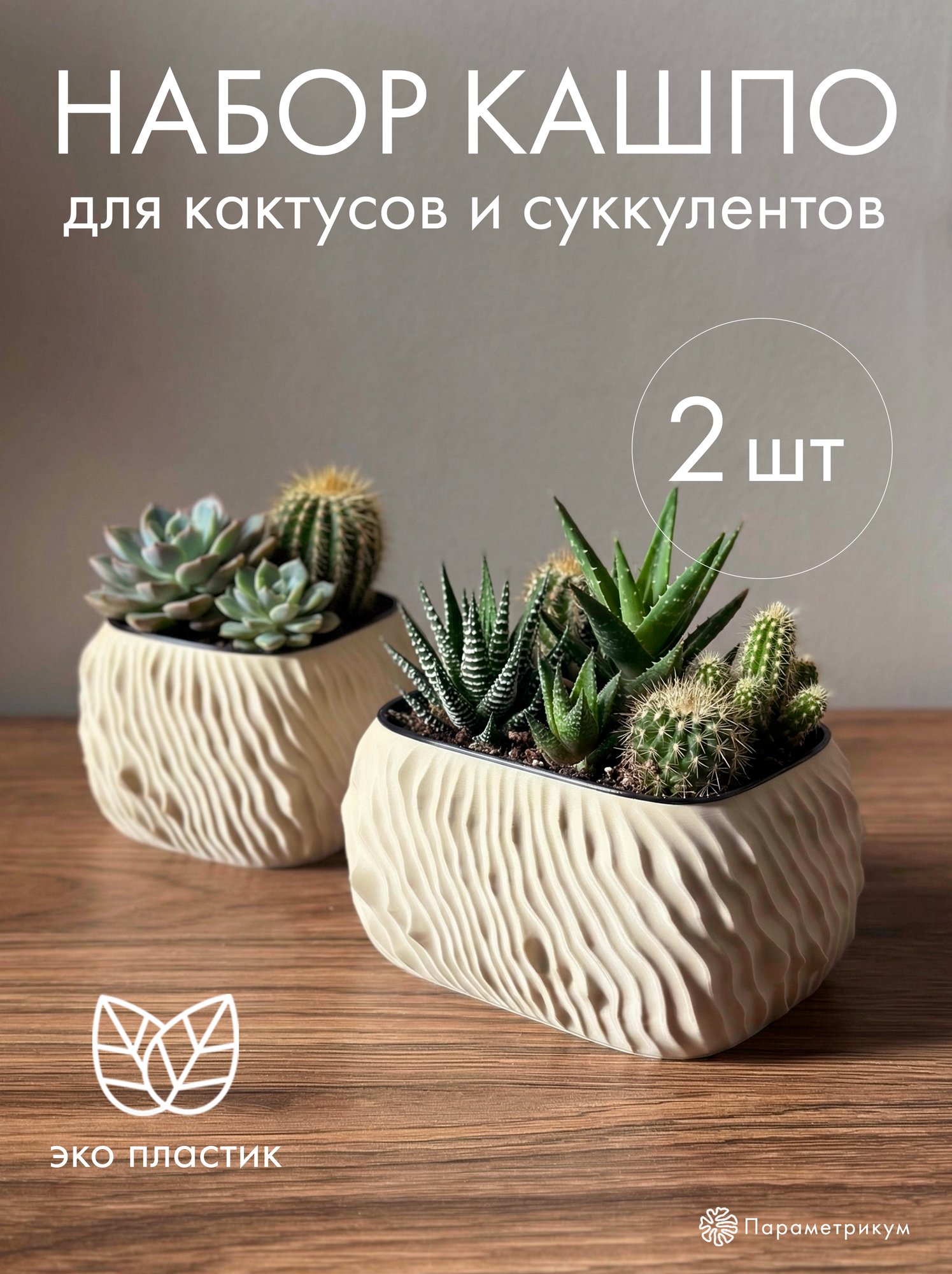 Набор кашпо для кактусов и суккулентов с дренажной вставкой, 2 шт