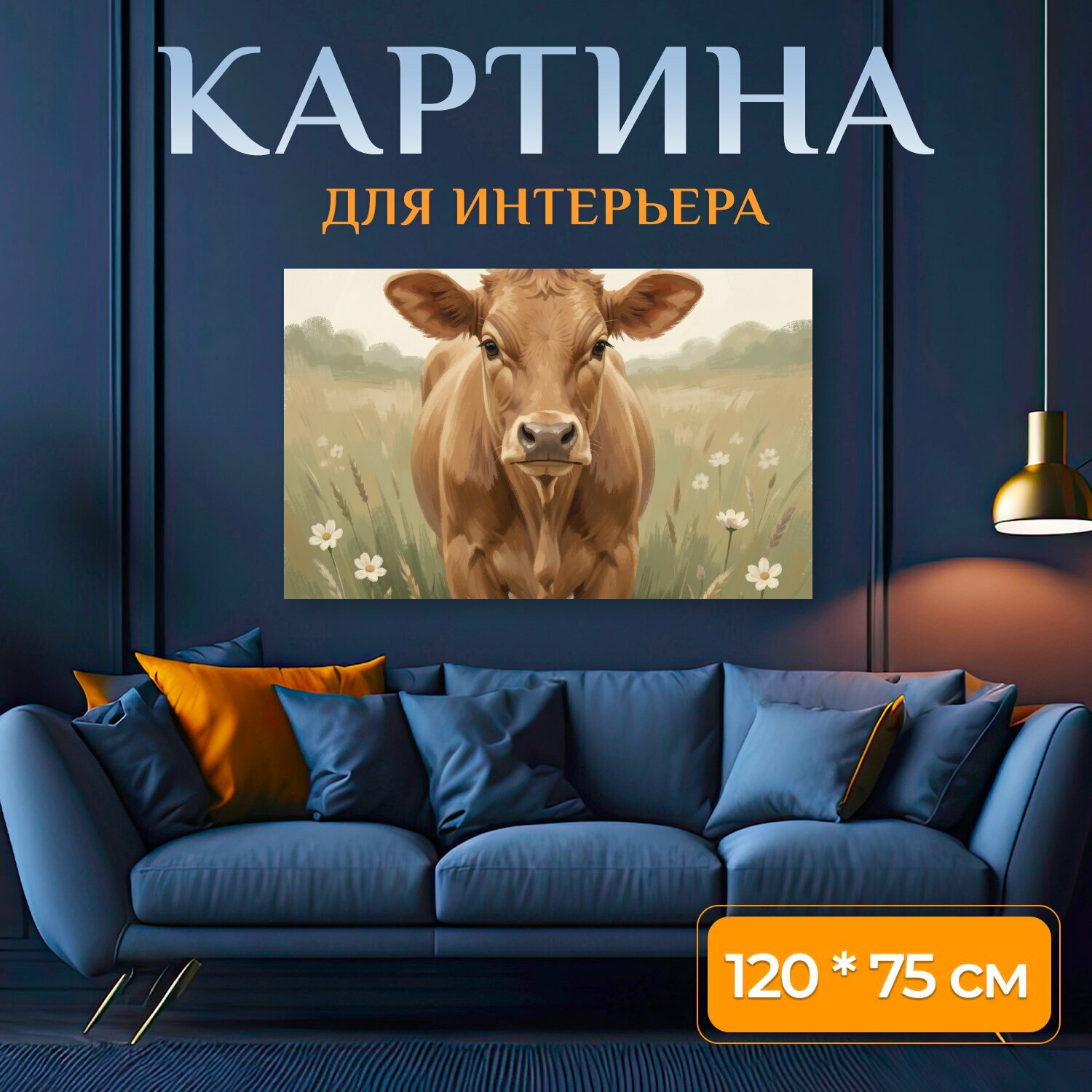Картина на холсте "Телёнок на лугу с ромашками. Тёплая иллюстрация с милым телёнком в травяном поле среди полевых цветов. Мягкие." на подрамнике 120х75 см. для интерьера