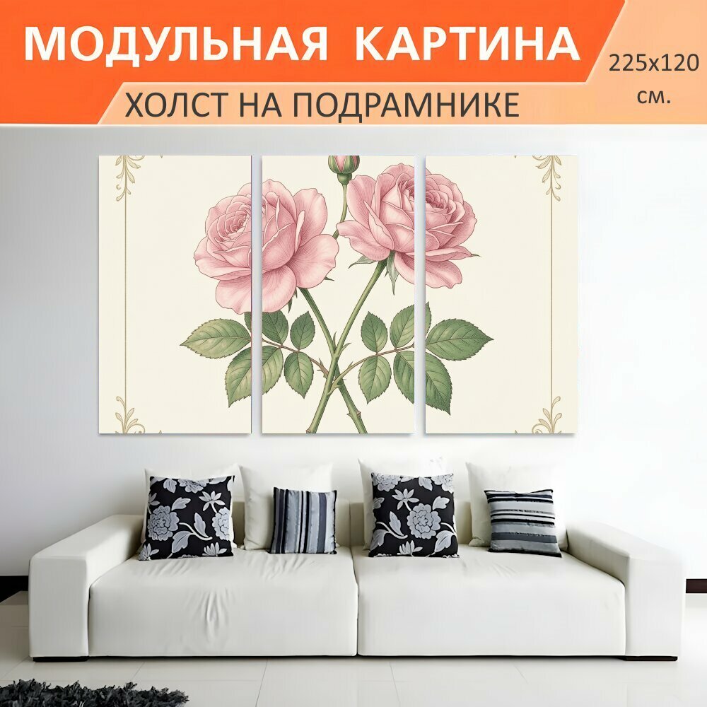 Модульная картина на холсте "Розовые розы в винтажной рамке. Нежная ботаническая композиция с распустившимися бутонами и зелёной." триптих на подрамнике 225х120 см. для интерьера