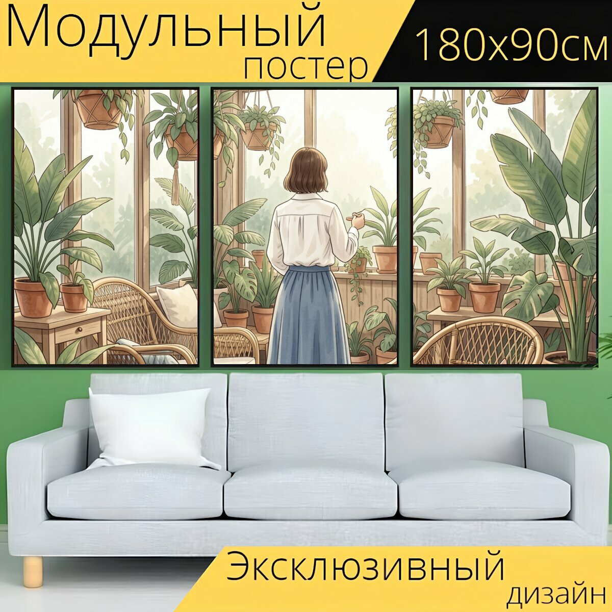 Модульный постер "Девушка в оранжерее с котом. Уютная светлая оранжерея в нежных пастельных тонах: комнатные растения в подвесных." 180 x 90 см. для интерьера на стену в тубусе