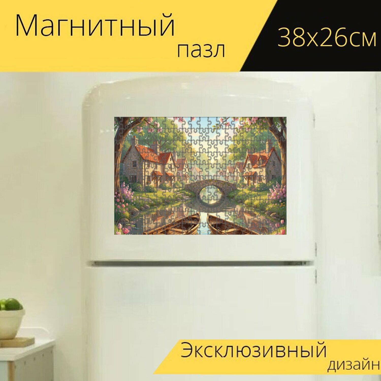 Магнитный пазл "Цветущая деревня у канала. Сказочная сельская улочка с каменными домами, арочным мостиком и двумя лодками на тихой воде. Нежные розовые." для интерьера, 38х26 см.