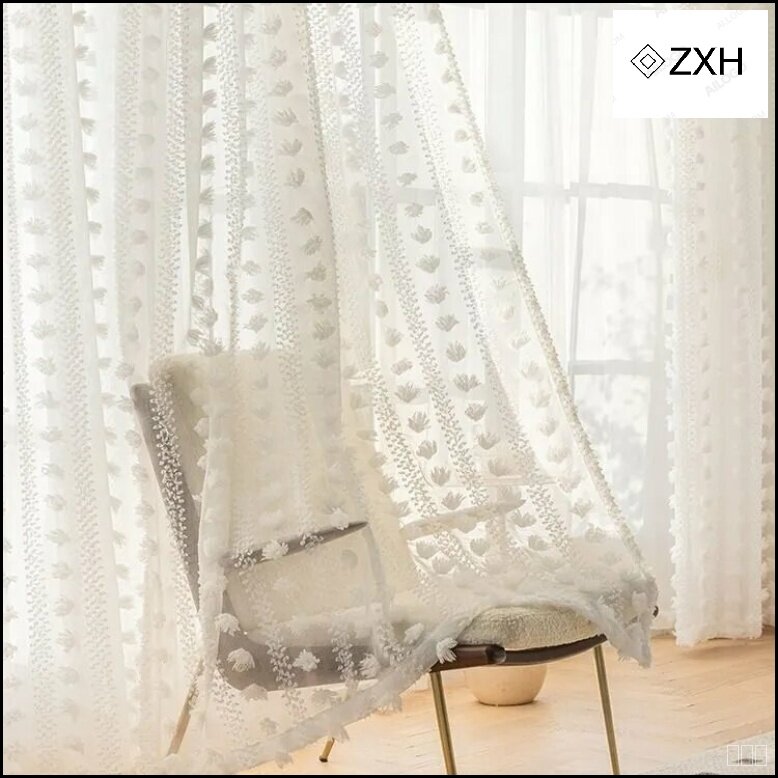 Тюль, крепление завязки, 132 см x 241 см, белый, с помпонами