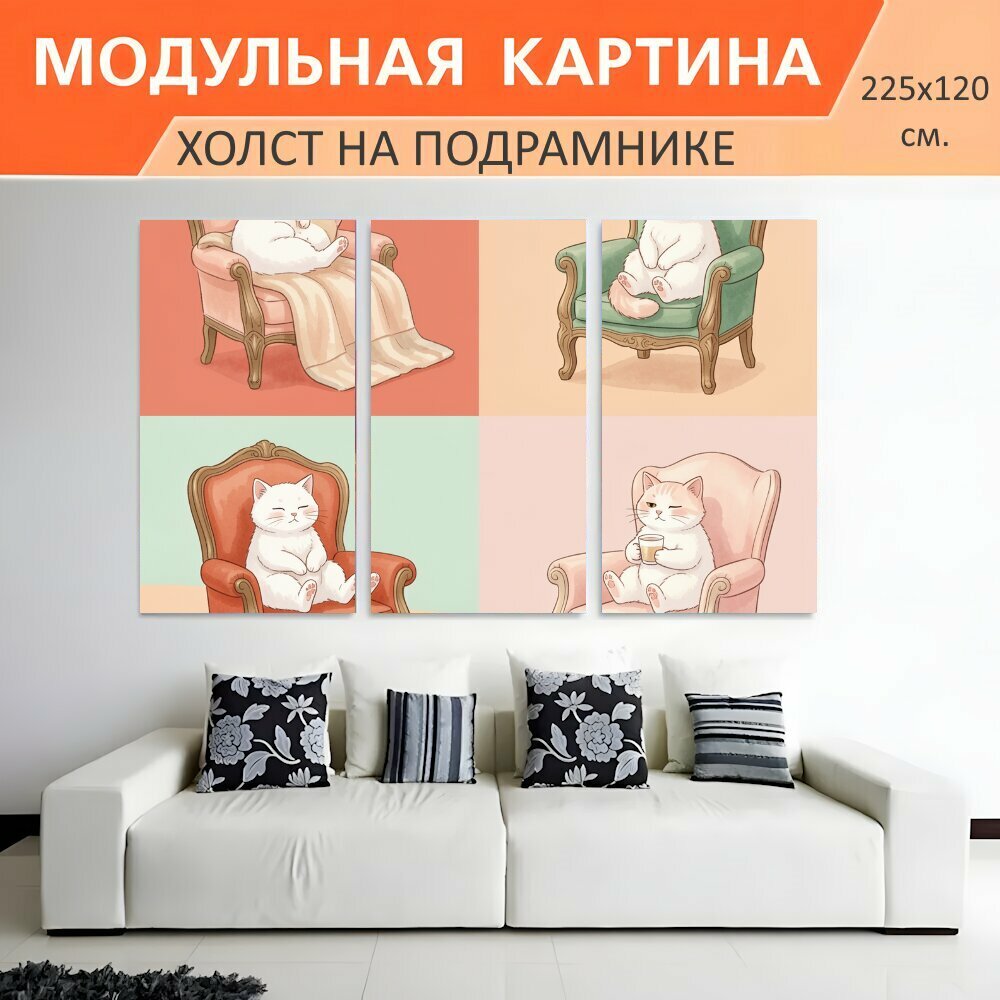 Модульная картина на холсте "Котики в винтажных креслах. Четыре милых белых кота в разных позах на мягких антикварных сиденьях, один." триптих на подрамнике 225х120 см. для интерьера