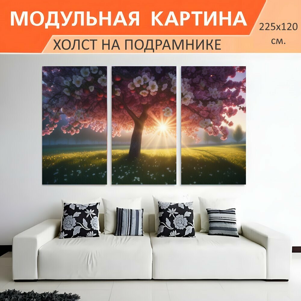 Модульная картина на холсте "Пейзаж с цветущей яблоней легкий" триптих на подрамнике 225х120 см. для интерьера