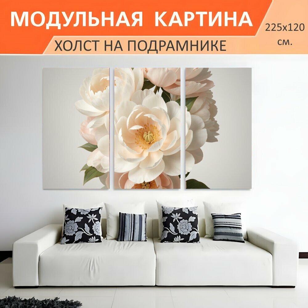 Модульная картина на холсте "Нежные белые пионы с листьями. Элегантная композиция из крупных молочно-розовых цветов с зелёной." триптих на подрамнике 225х120 см. для интерьера