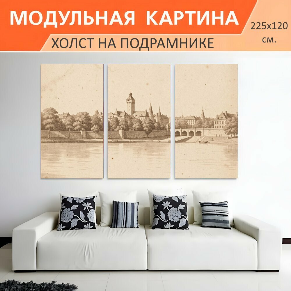 Модульная картина на холсте "Старинный городской пейзаж у реки. Ретро-вид европейского города с башней, шпилями и каменными мостами." триптих на подрамнике 225х120 см. для интерьера