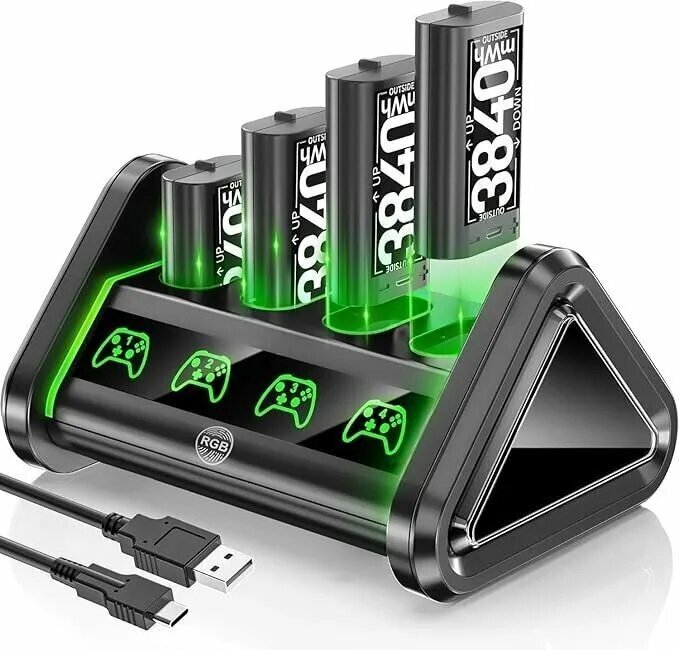 Аккумуляторы 4 штуки для геймпада Xbox One / Series S X 3840mWh и зарядная станция (база) Черные