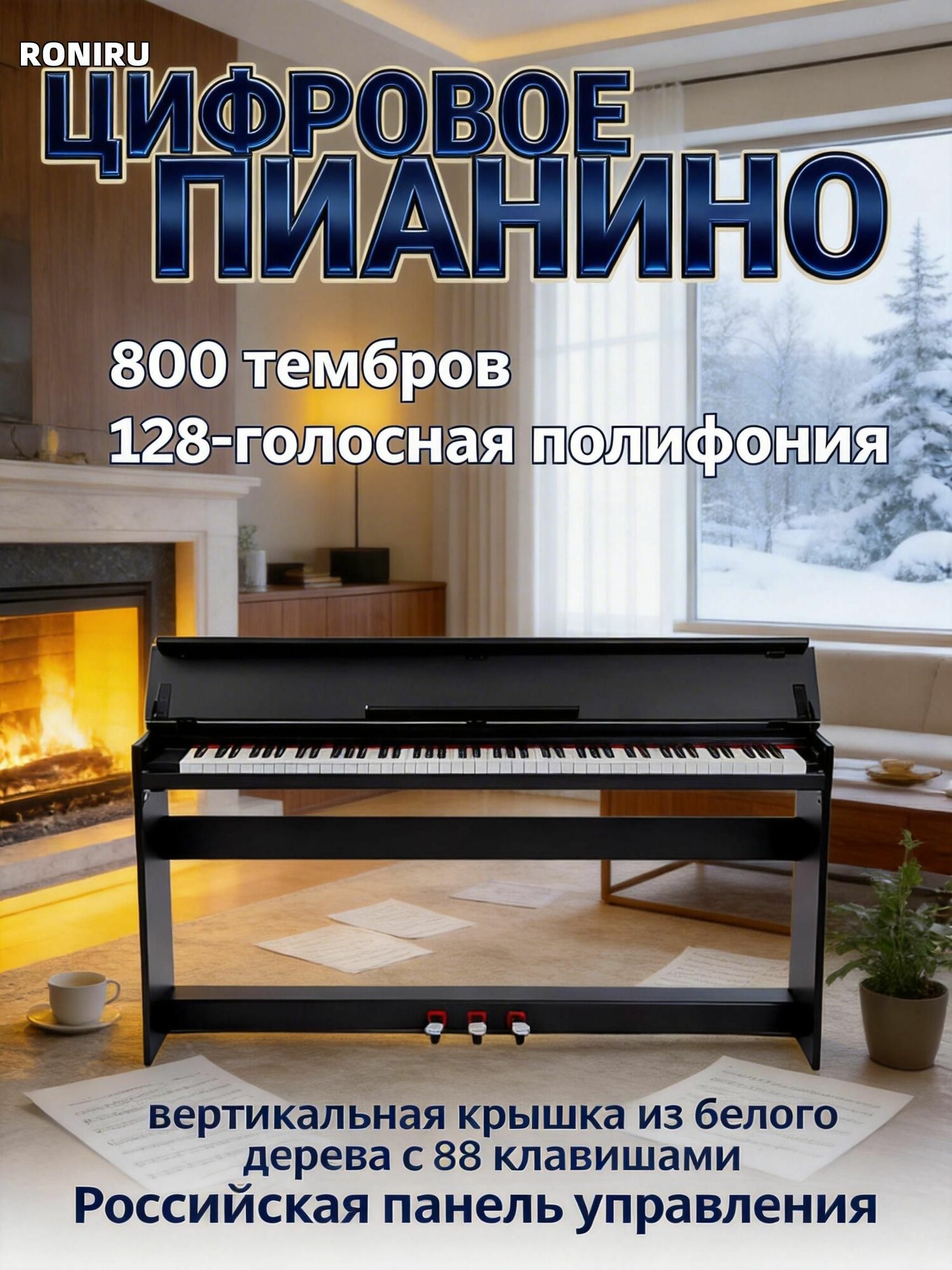 Цифровое пианино 88 клавиш с чувствительностью к силе нажатия, 3 педали и USB MIDI, стереозвук и наушники для обучения и домашнего музицирования