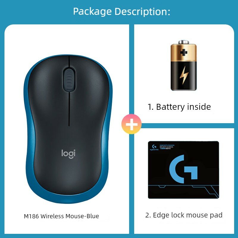 Logitech M186 серая мышечная подложка с синей кромкой - мягкая поверхность, прочная и не скользящая для беспроводной