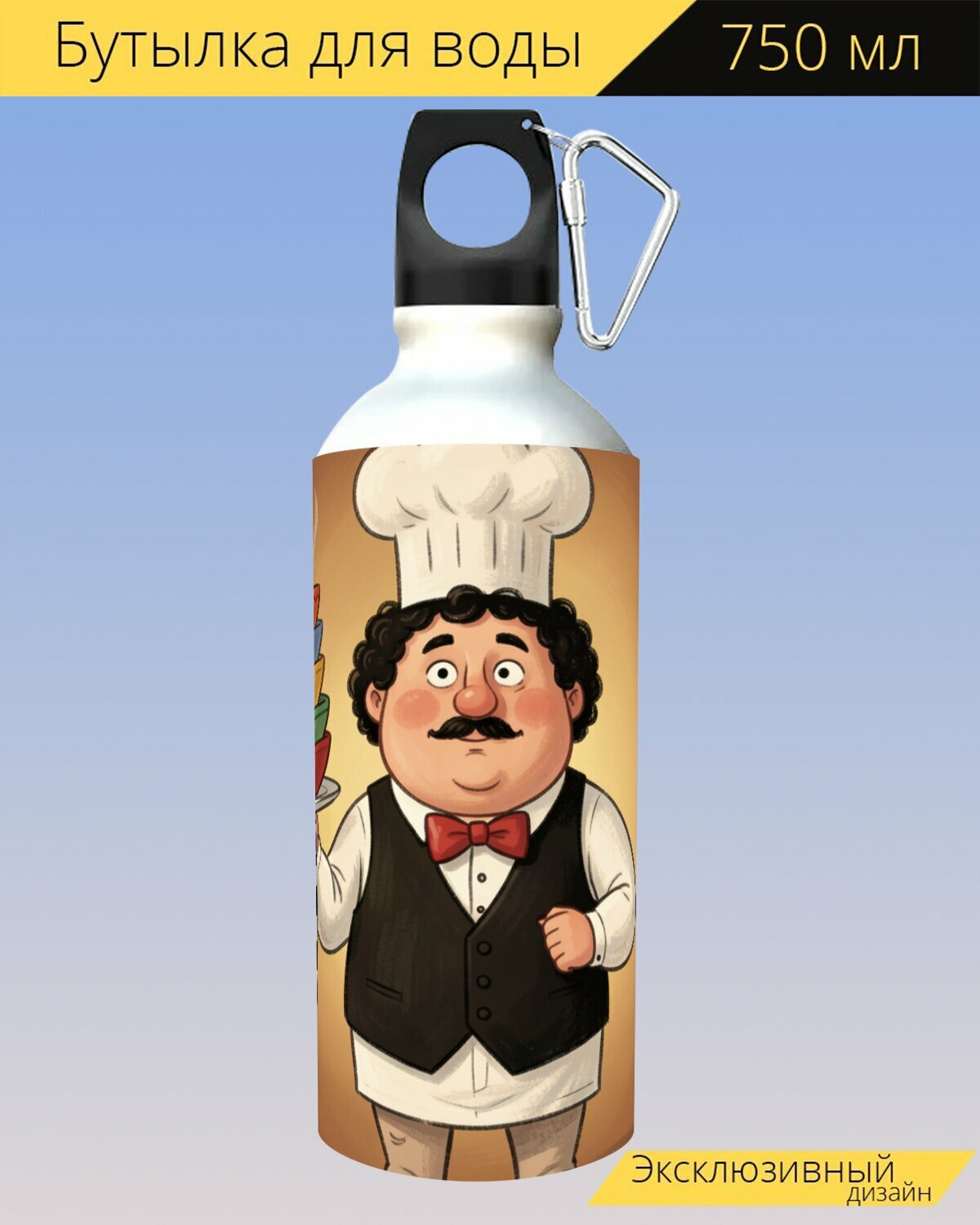 Бутылка фляга для воды "Весёлый повар с мисками. Мультяшный кулинар в белом колпаке и чёрном жилете держит поднос с яркими пиалами и паром, тёплая." 750 мл. с карабином и принтом