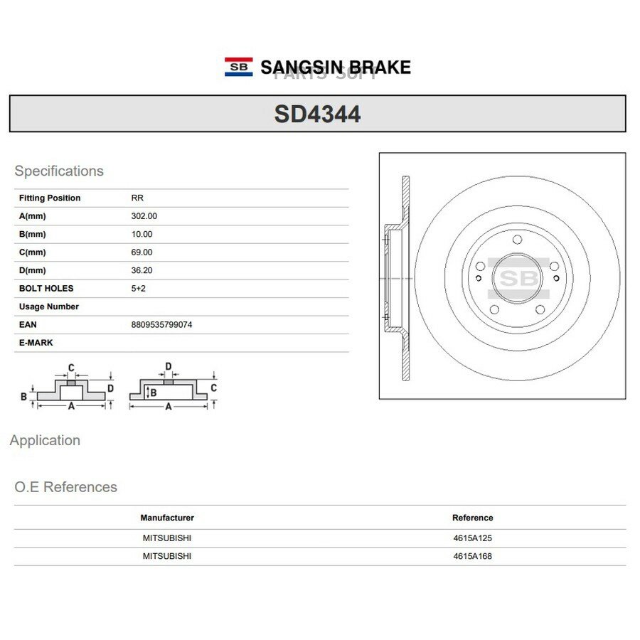 SANGSIN BRAKE SD4344 Диск тормозной MITSUBISHI OUTLANDER/ASX 12- задний
