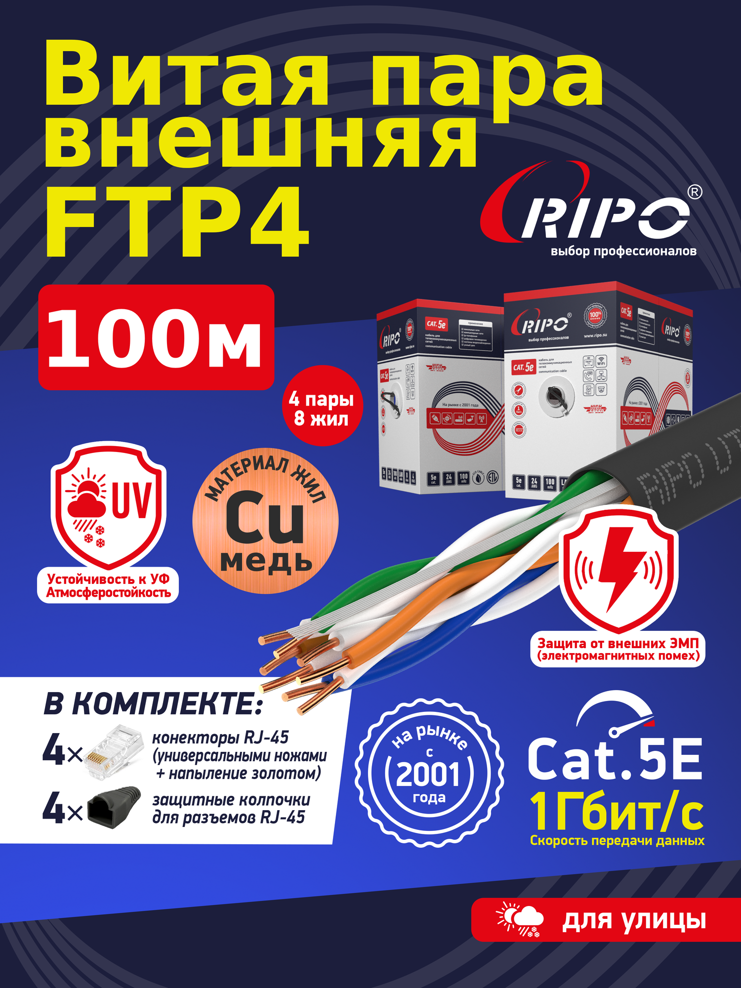 Кабель витая пара LAN FTP4 CAT5E 24AWG Cu уличный 100 м