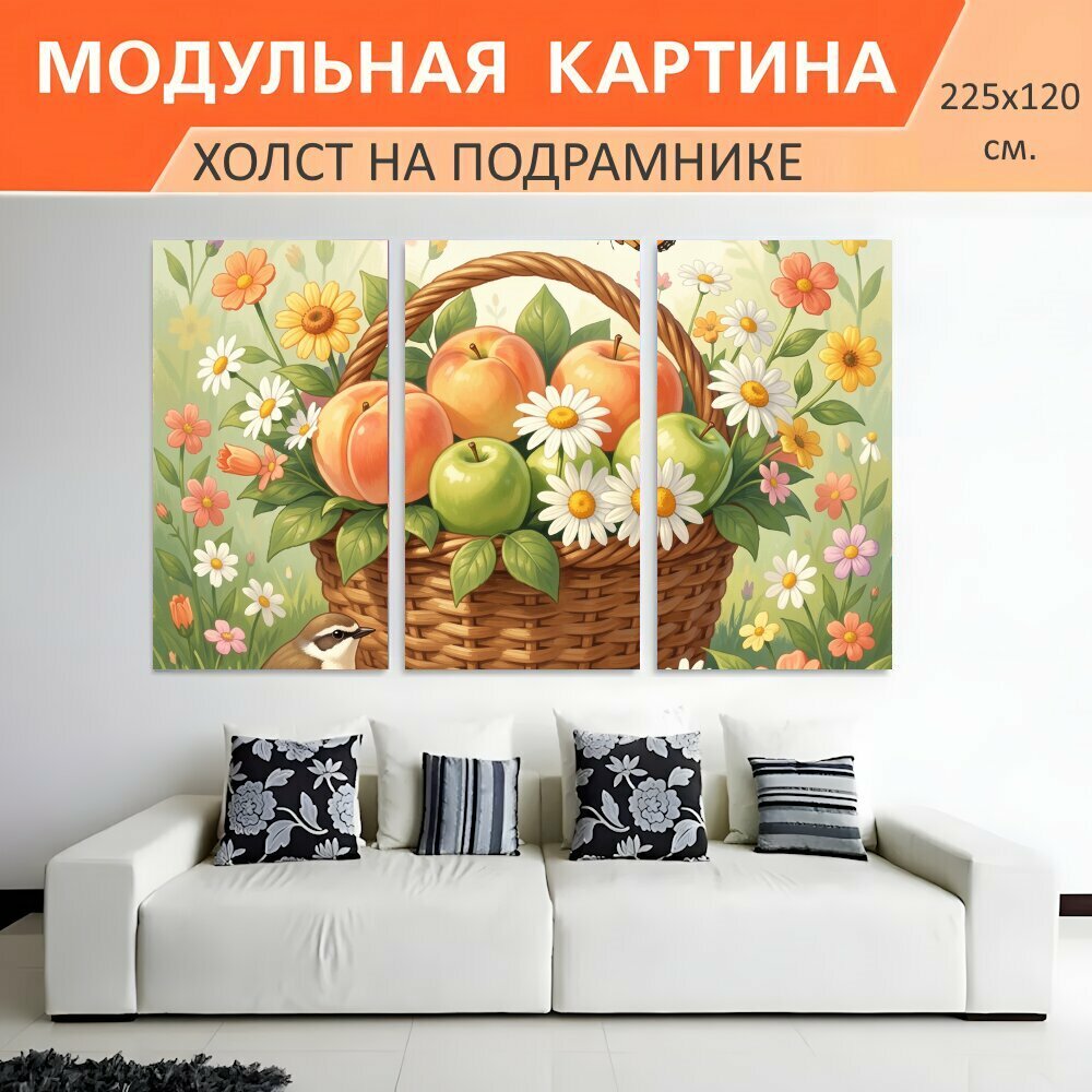 Модульная картина на холсте "Корзина с яблоками и цветами. Плетёная корзина с сочными плодами, ромашками и полевыми бутонами, рядом." триптих на подрамнике 225х120 см. для интерьера