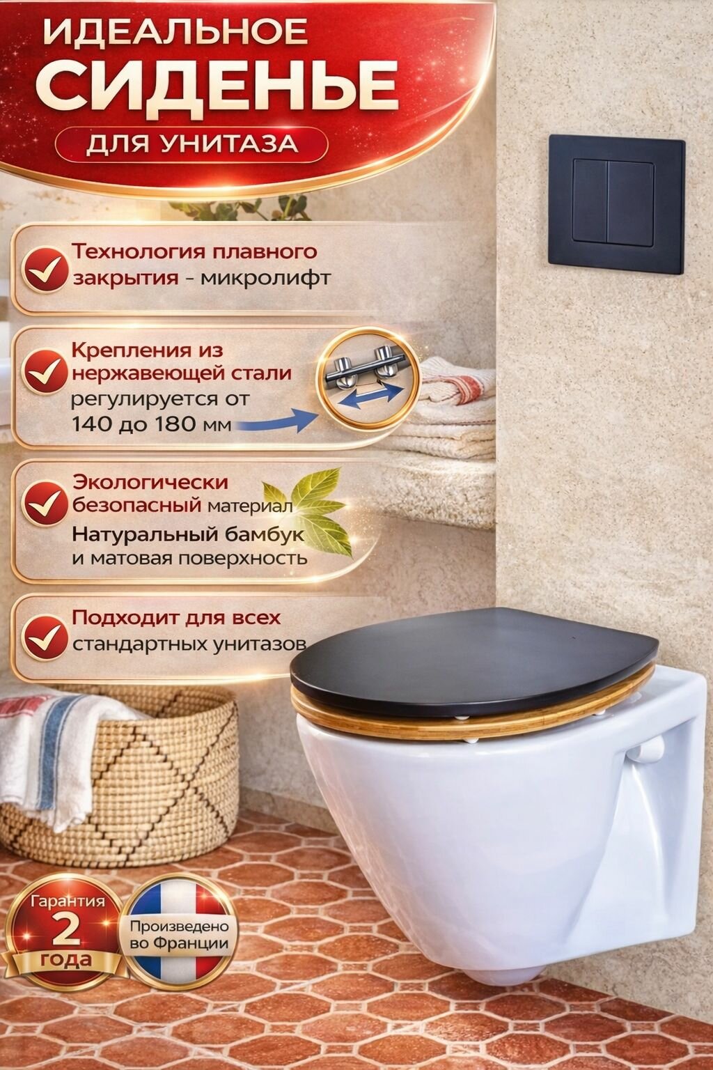 Cиденье для унитаза WIRQUIN черный бамбук микролифт крепления нержавеюшая сталь коллекция Black Touch