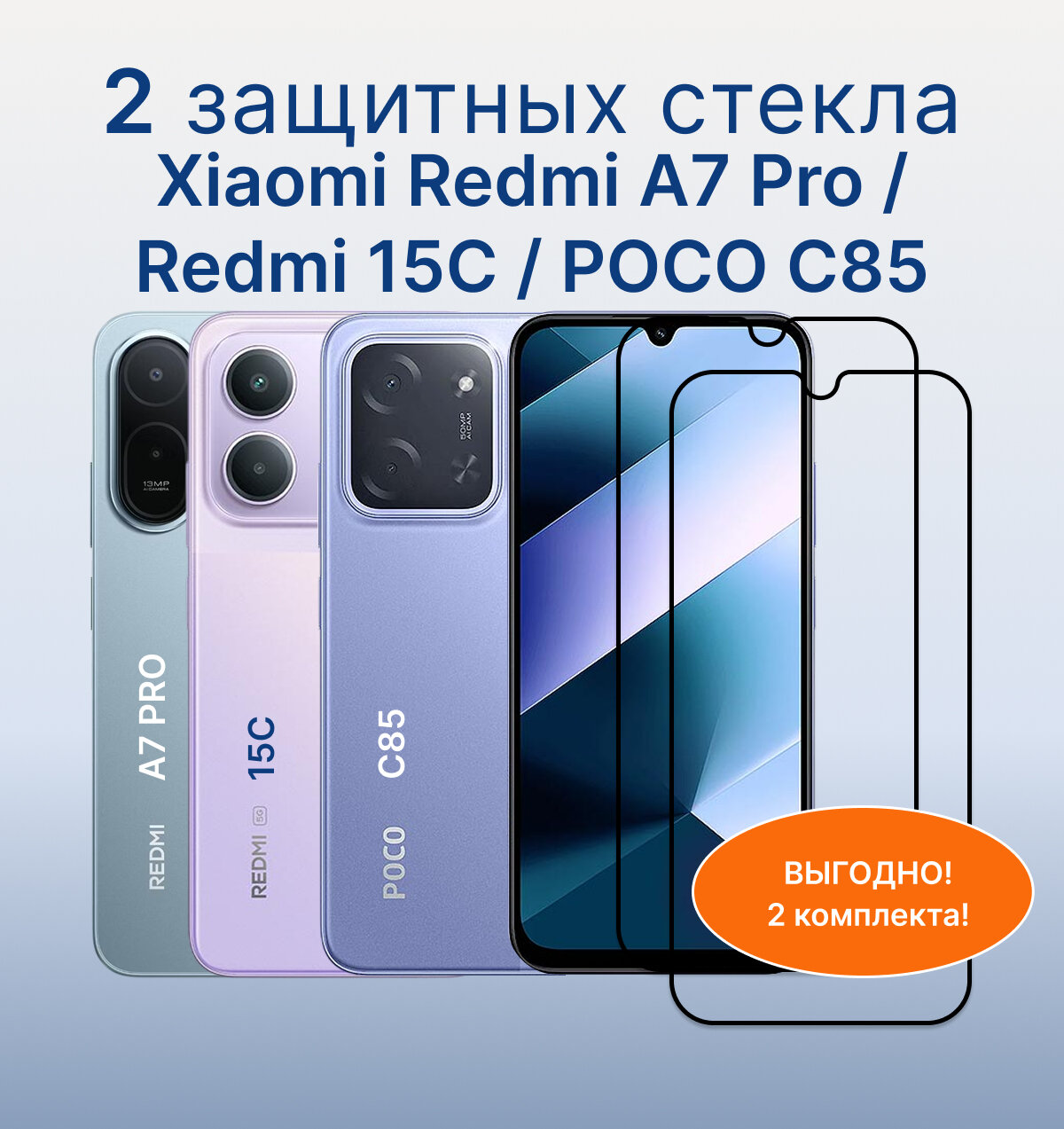 2 комплекта Стекло защитное противоударное для Xiaomi A7 Pro / POCO C85 / Redmi 15C Черная рамка