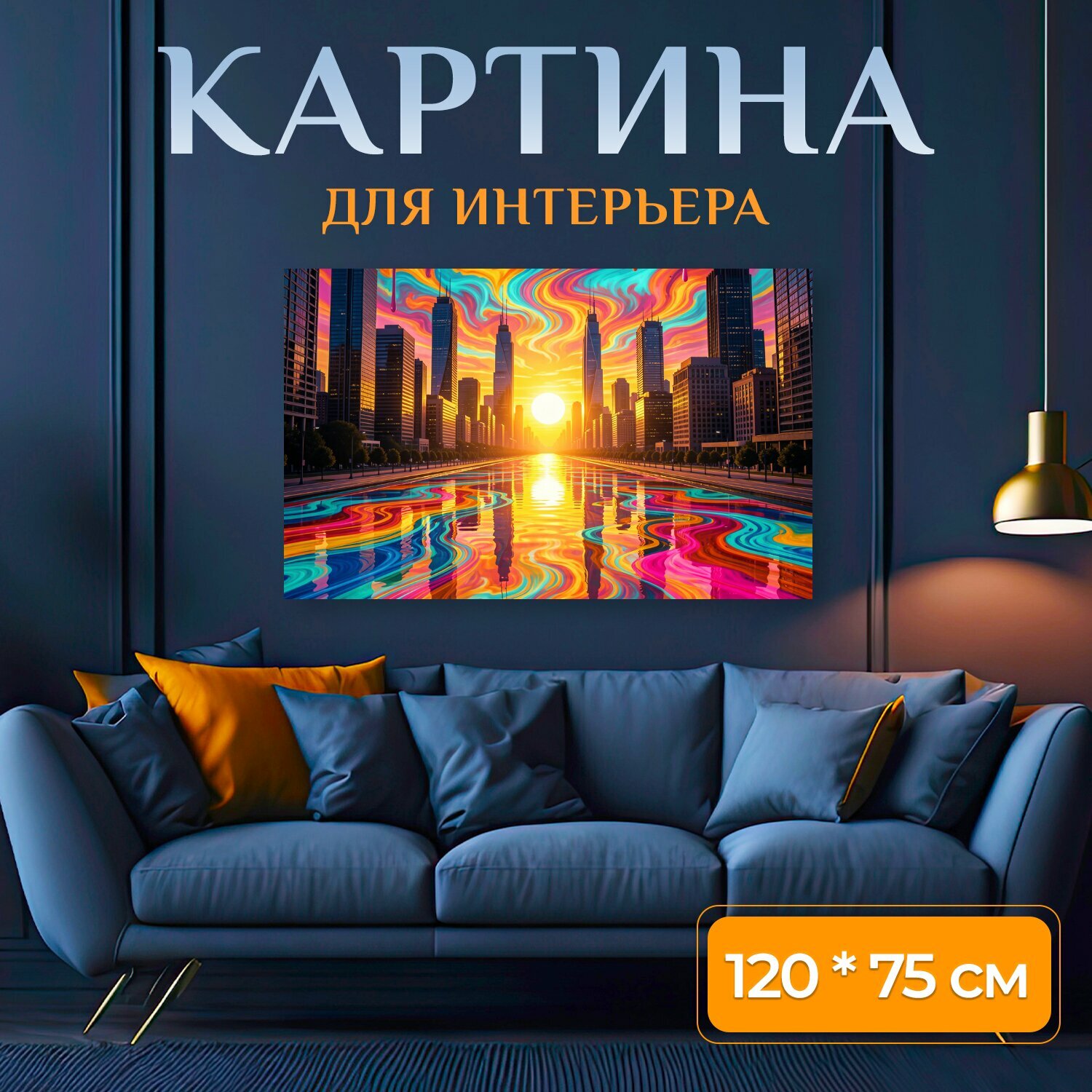 Картина на холсте "Футуристический город на закате. Неоновый мегаполис с высотками и отражением в воде, над ним вихревое абстрактное небо в." на подрамнике 120х75 см. для интерьера