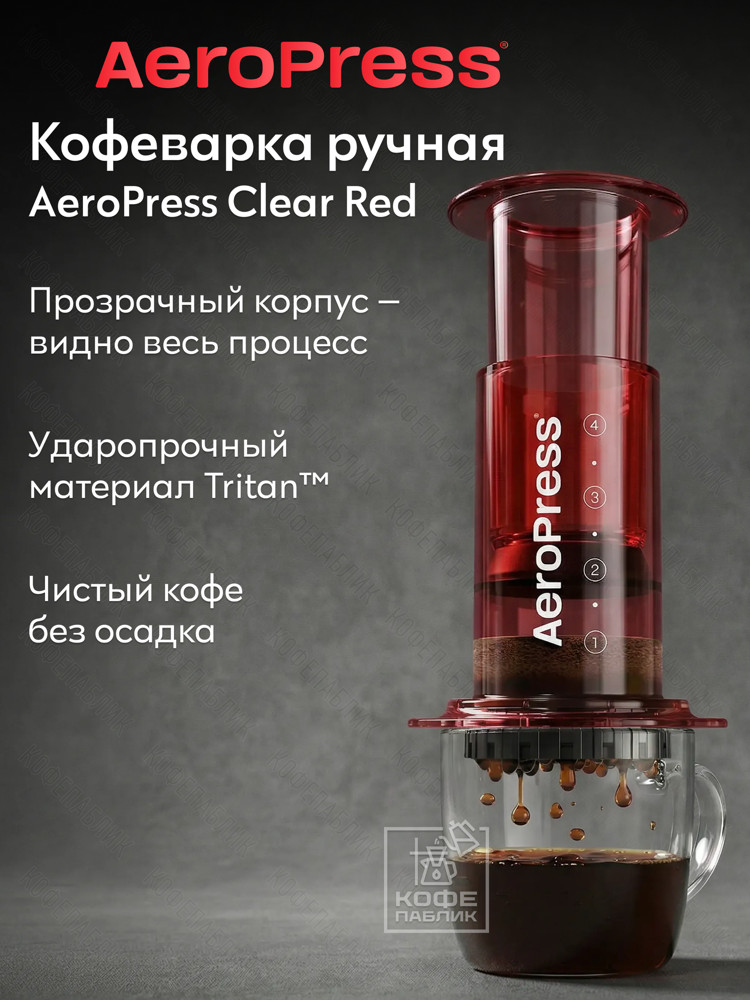 Кофеварка ручная Аэропресс - AeroPress Clear Red (красная) - прозрачная портативная кофеварка, Tritan, 295 мл