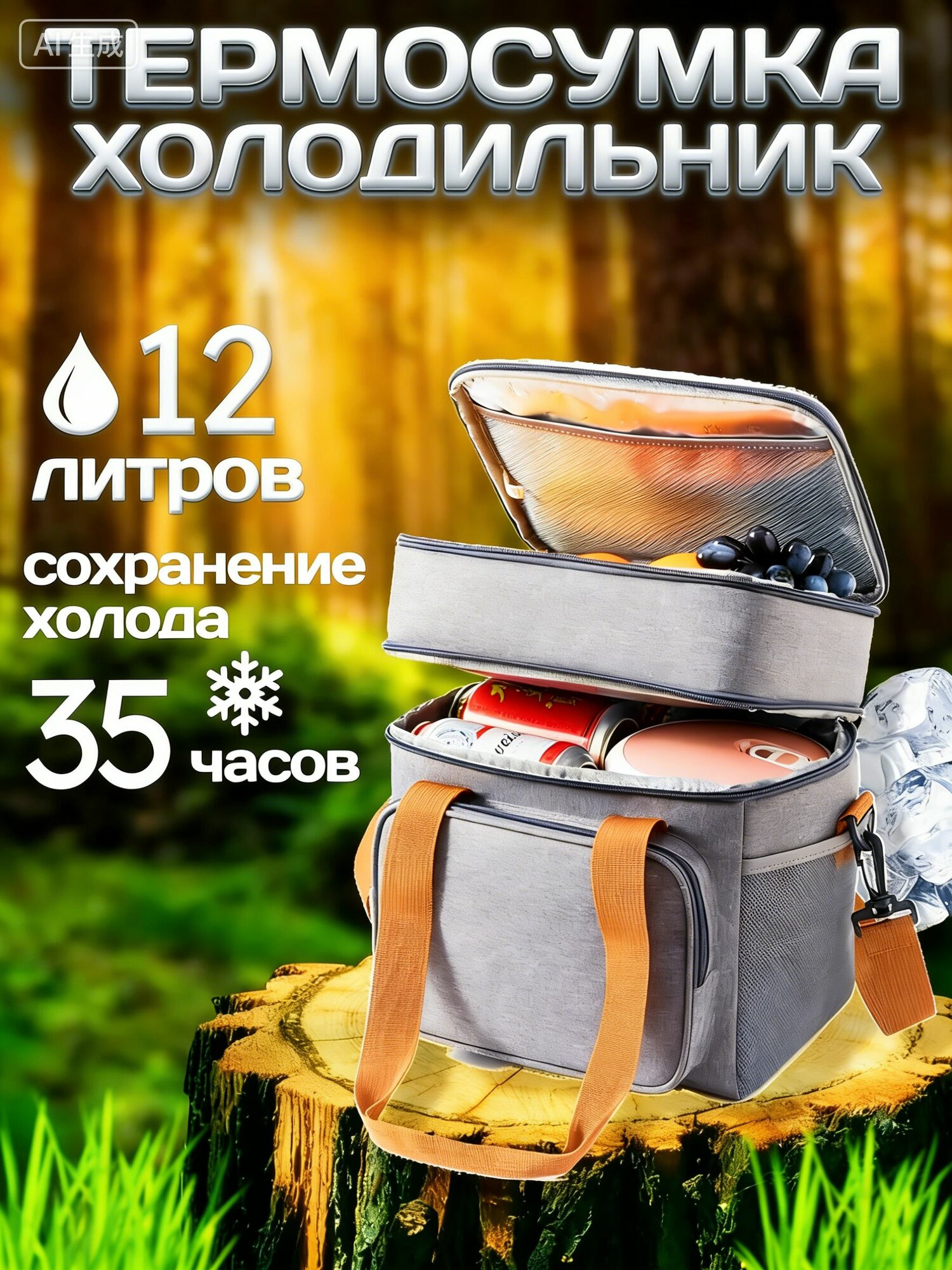 Термосумка-холодильник 12 л, сохраняет холод 35 часов, водонепроницаемая, для пикника и путешествий