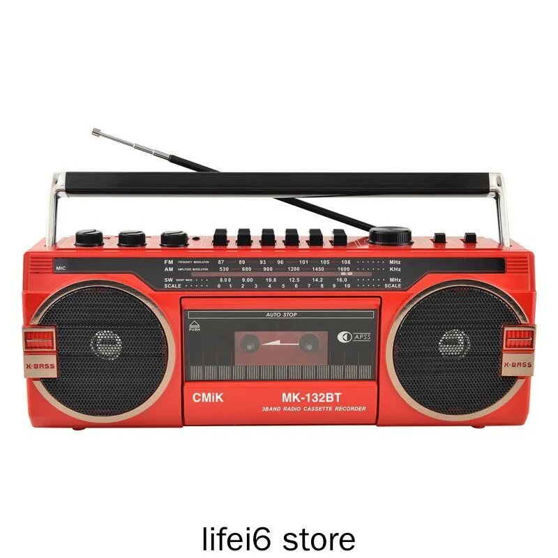Магнитола ретро красный, магнитофон 1980-х, Bluetooth, USB, MP3, CD/кассетная, собственный аккумулятор