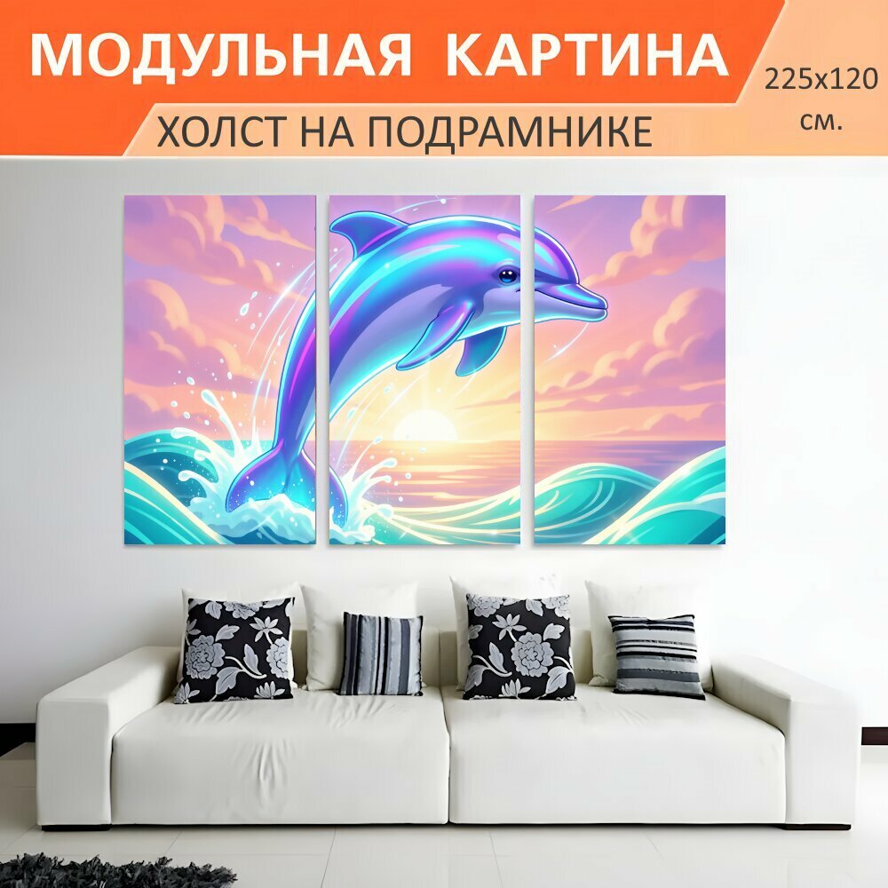 Модульная картина на холсте "Дельфин на закате в море. Яркая цифровая иллюстрация с прыгающим морским дельфином, неоновыми переливами." триптих на подрамнике 225х120 см. для интерьера