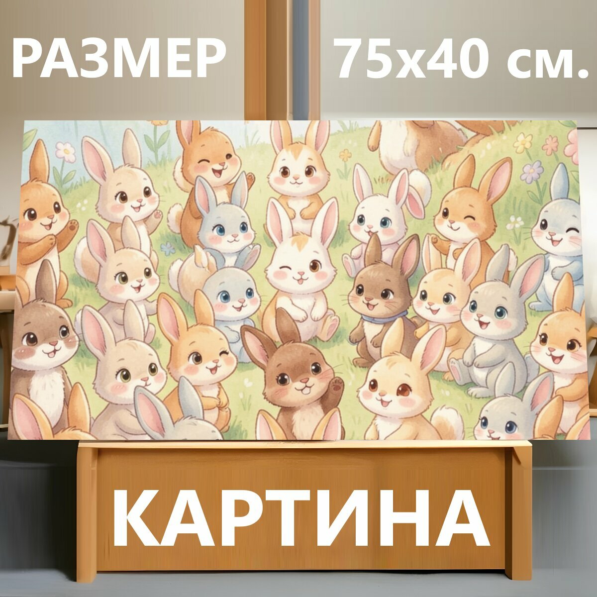 Картина на холсте "Много милых зайчиков" на подрамнике 75х40 см. для интерьера