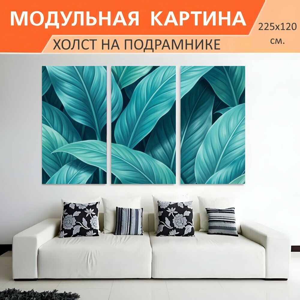 Модульная картина на холсте "Тропические листья в бирюзовых тонах. Плотный ботанический узор из крупных экзотических листьев." триптих на подрамнике 225х120 см. для интерьера