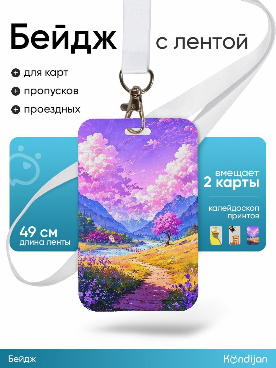 Чехол бейдж для пропуска на ленте с карабином, пластиковый, белый с принтом японские мотивы / держатель для пропуска