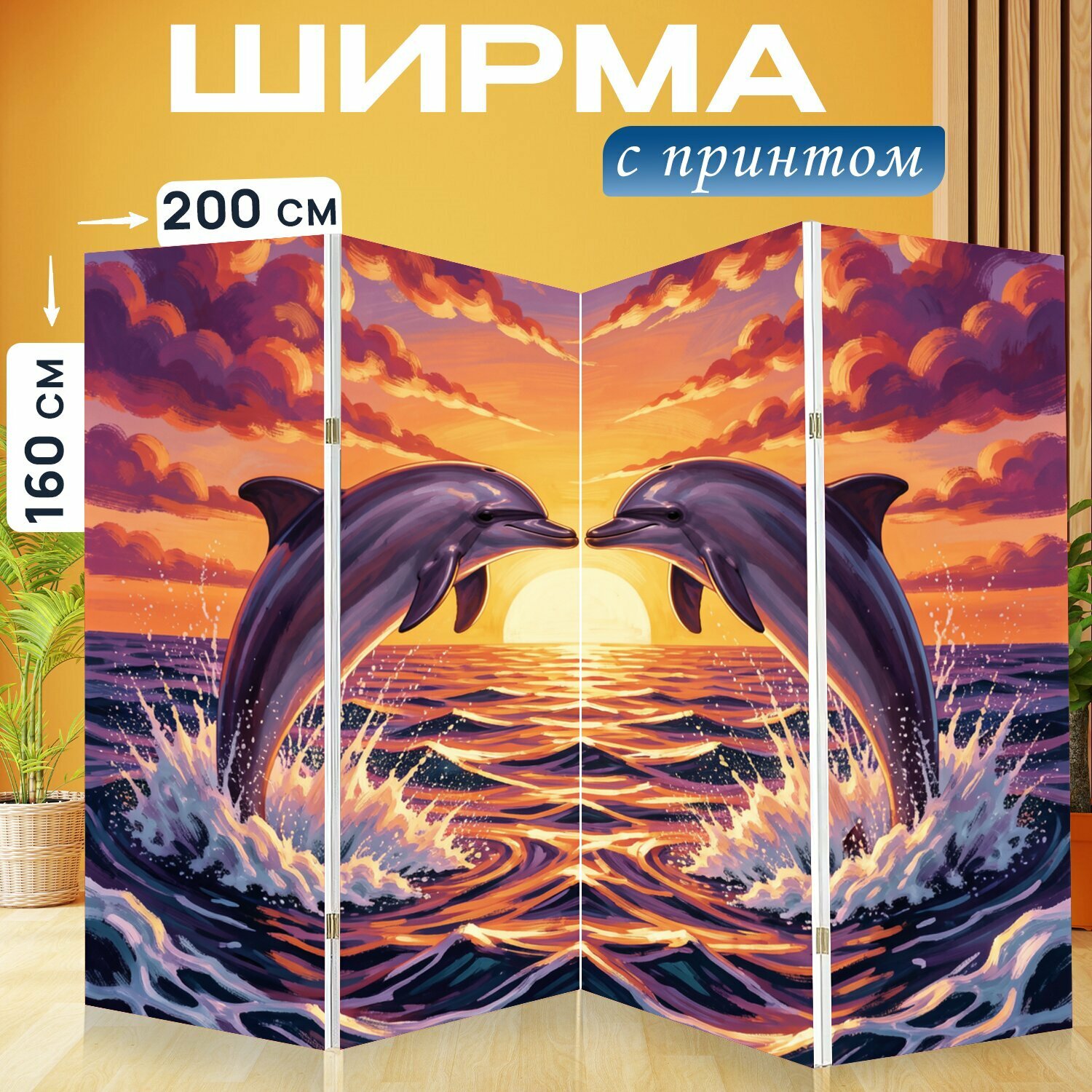 Ширма "Дельфины на закате в море. Романтичная морская сцена в яркой цифровой живописи: два дельфина." перегородка для зонирования комнаты с принтом 200x160 см. на холсте