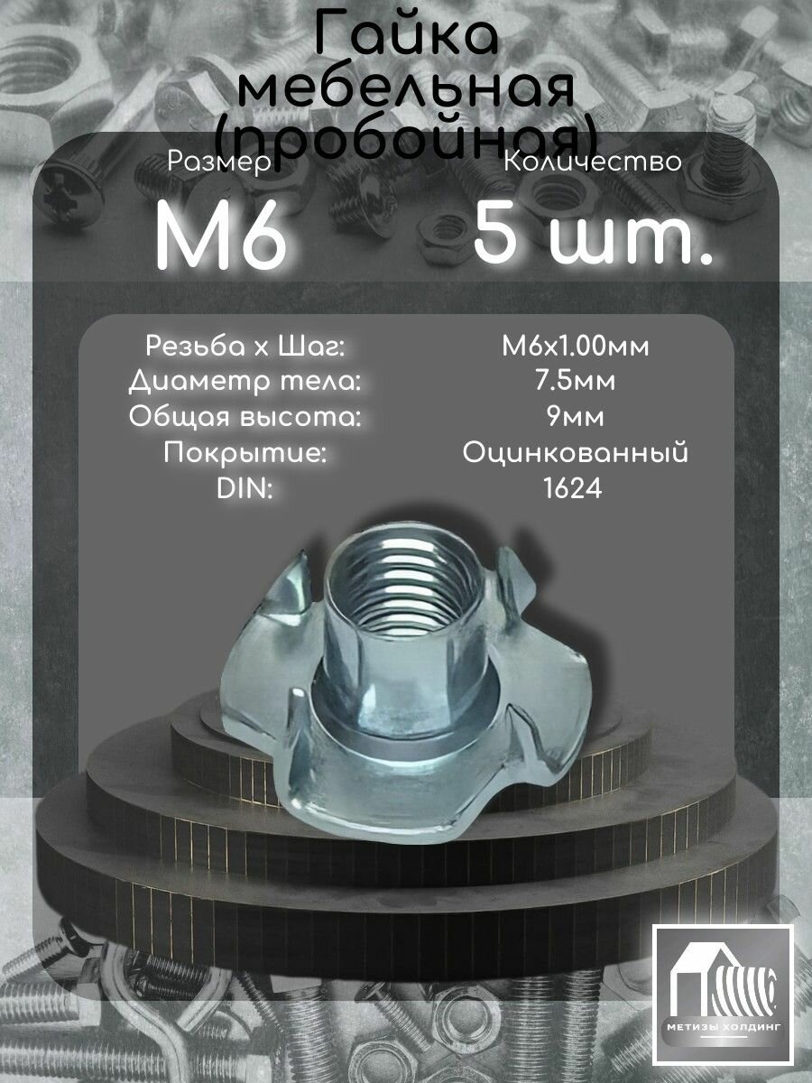 Гайка М6 мебельная врезная (пробойная, усовая) DIN1624, оцинкованная, 5 шт.