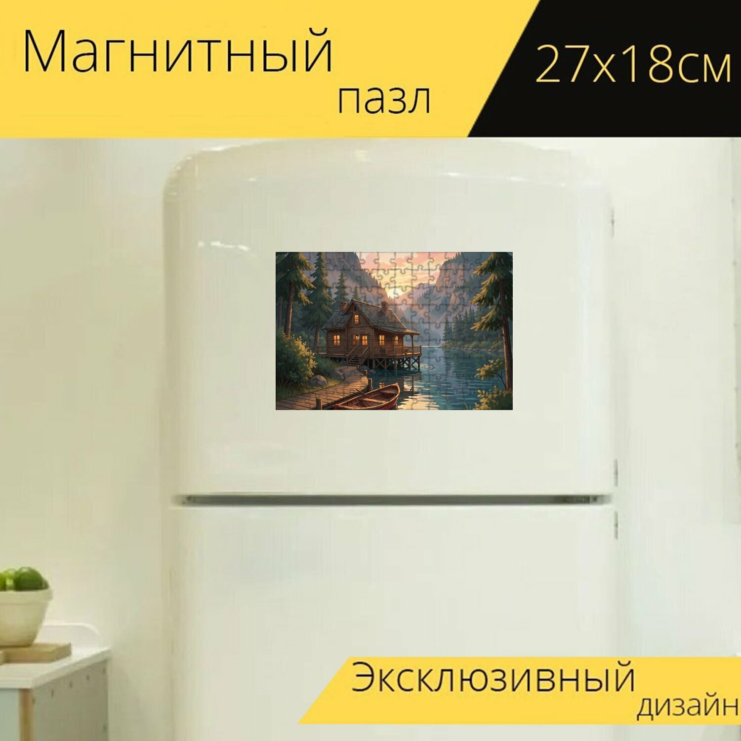 Магнитный пазл "Уютный дом у горного озера. Живописная сцена с деревянным домиком на берегу тихой воды, лодкой у причала, хвойным лесом и скалистыми." на холодильник 27 x 18 см.
