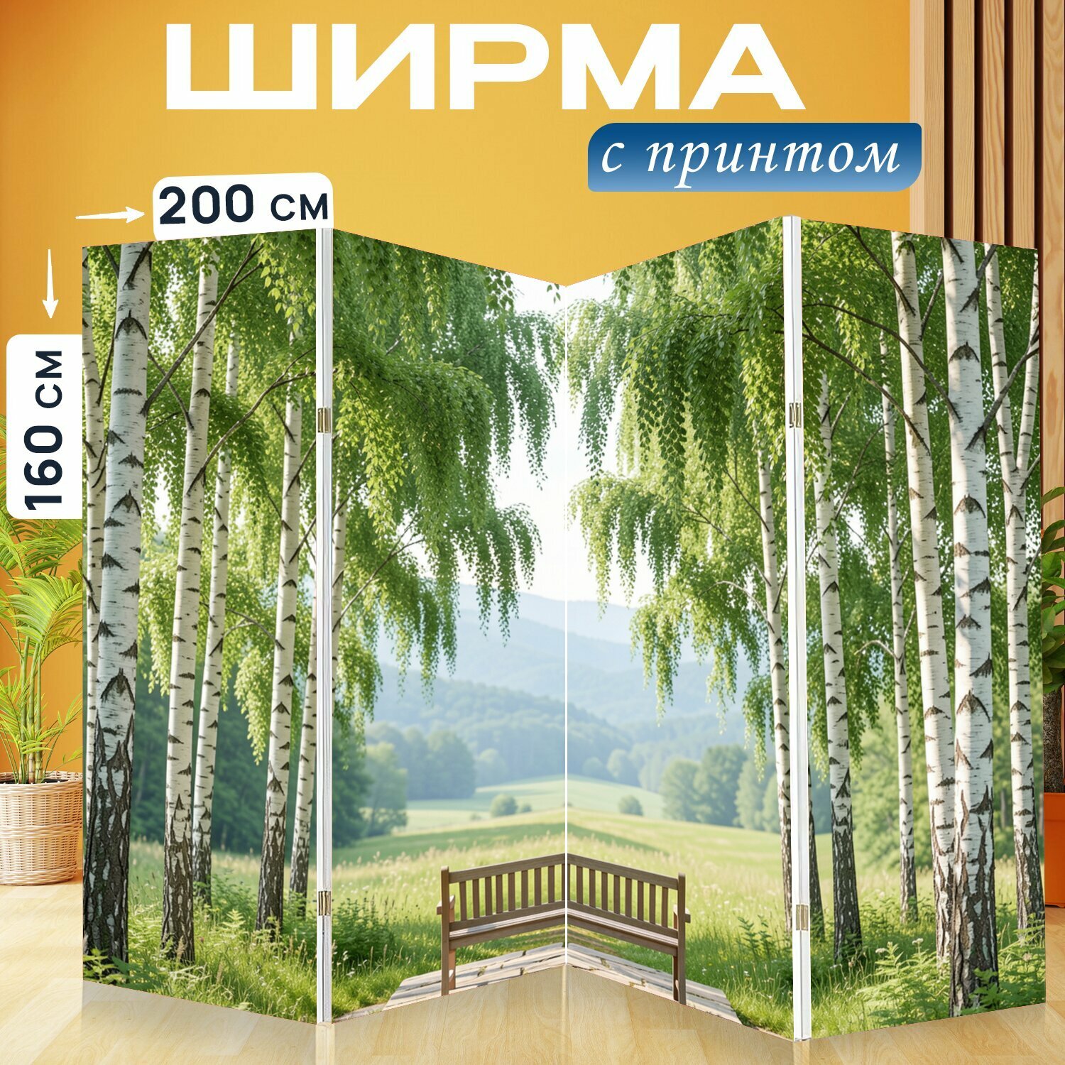 Ширма "Беседка в берёзовой роще. Светлая летняя сцена с деревянной скамьёй среди тонких белоствольных." перегородка для зонирования комнаты с принтом 200x160 см. на холсте