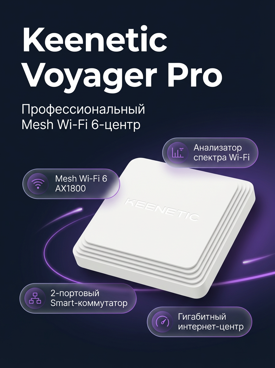 Keenetic Voyager Pro(KN-3510) / Keenetic Voyager ProГигабитный интернет-центр с Mesh Wi-Fi 6AX1800, анализатором спектра Wi-Fi, 2-портовым Smart-комму