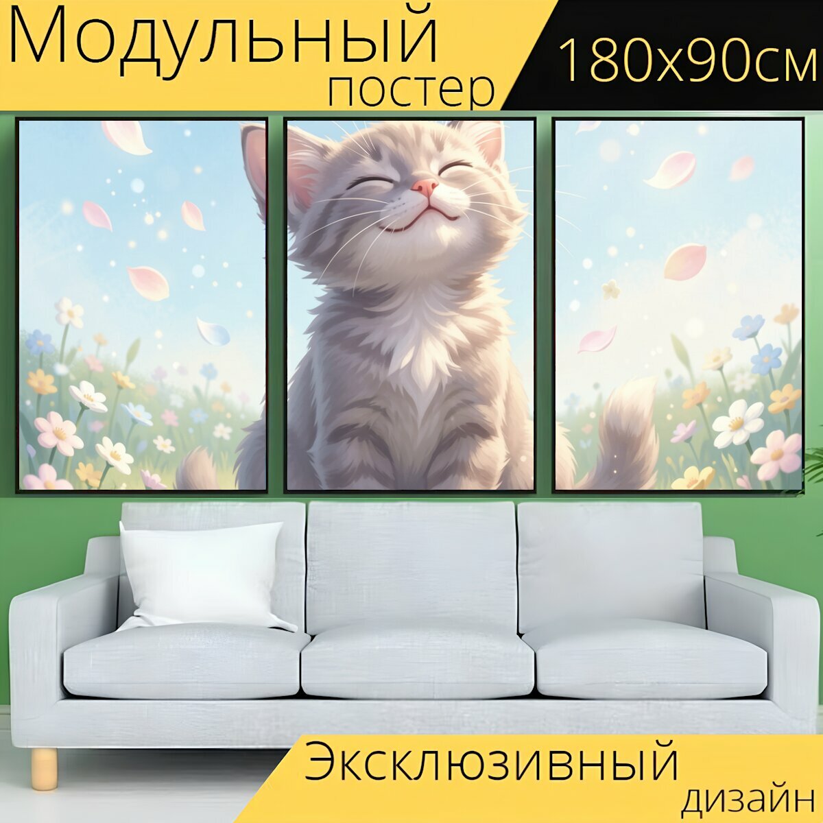 Модульный постер "Улыбающийся кот среди цветов. Нежный пушистый котёнок с закрытыми глазами сидит на лугу в окружении полевых цветов и." 180 x 90 см. для интерьера на стену в тубусе