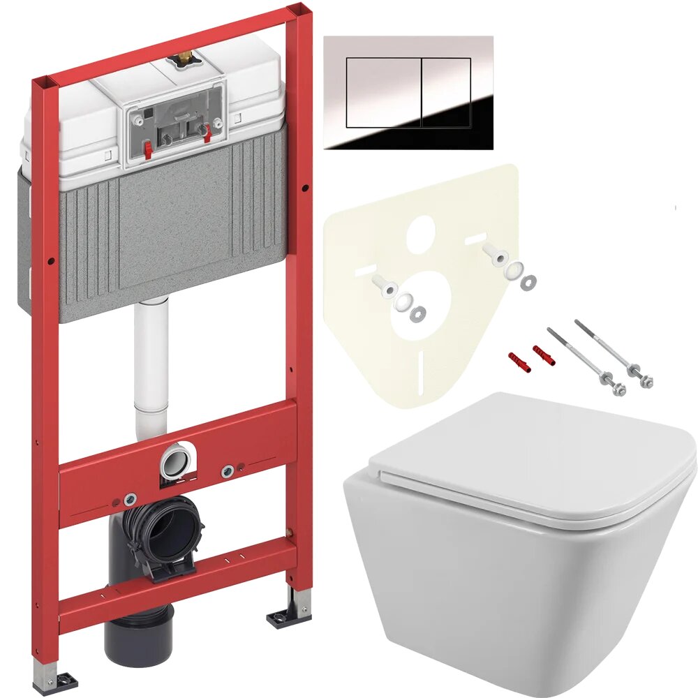 Комплект 2 в 1 Унитаз подвесной BelBagno Due BB3103CHR/SC / Инсталляция с кнопкой TECE Now 9400412 цвет хром