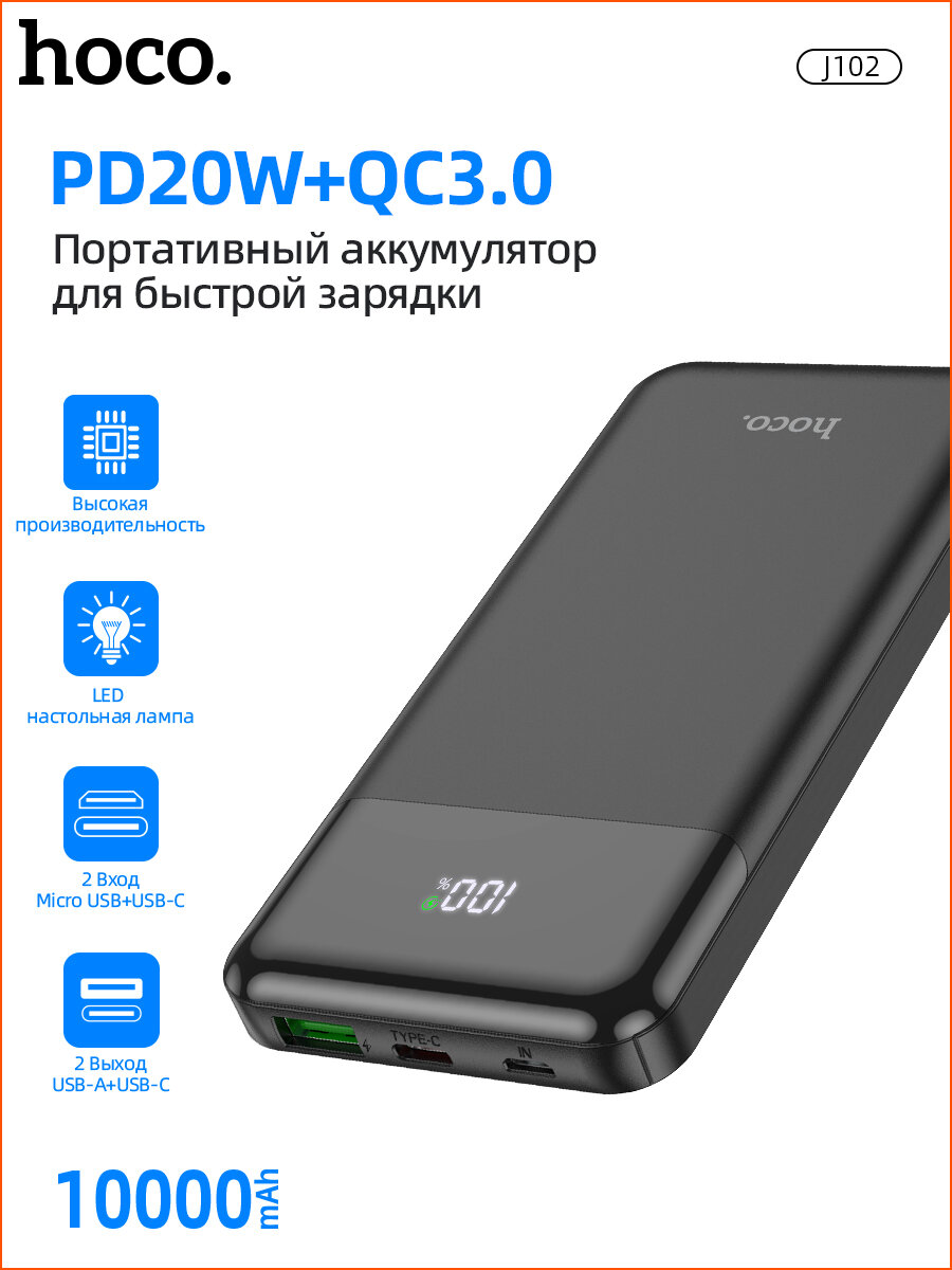 Power bank, Внешний аккумулятор, Повербанк, Hoco, J102, 10000 mAh