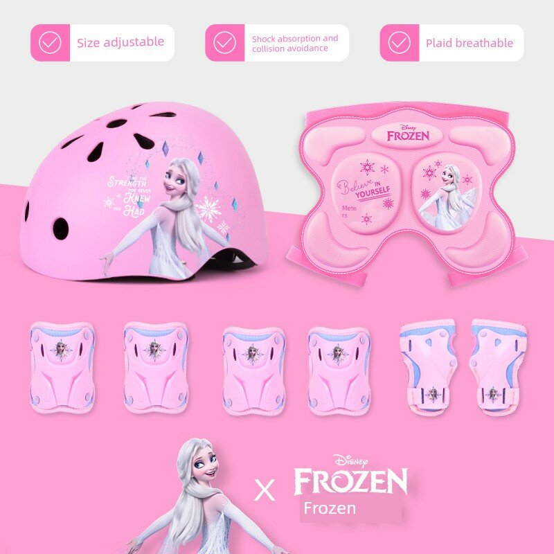 Набор из 8 Элементов: Защита Frozen Эльза с Утолщенной Подушкой и Шлемом, Регулируемый для Возраста 2-14 Лет