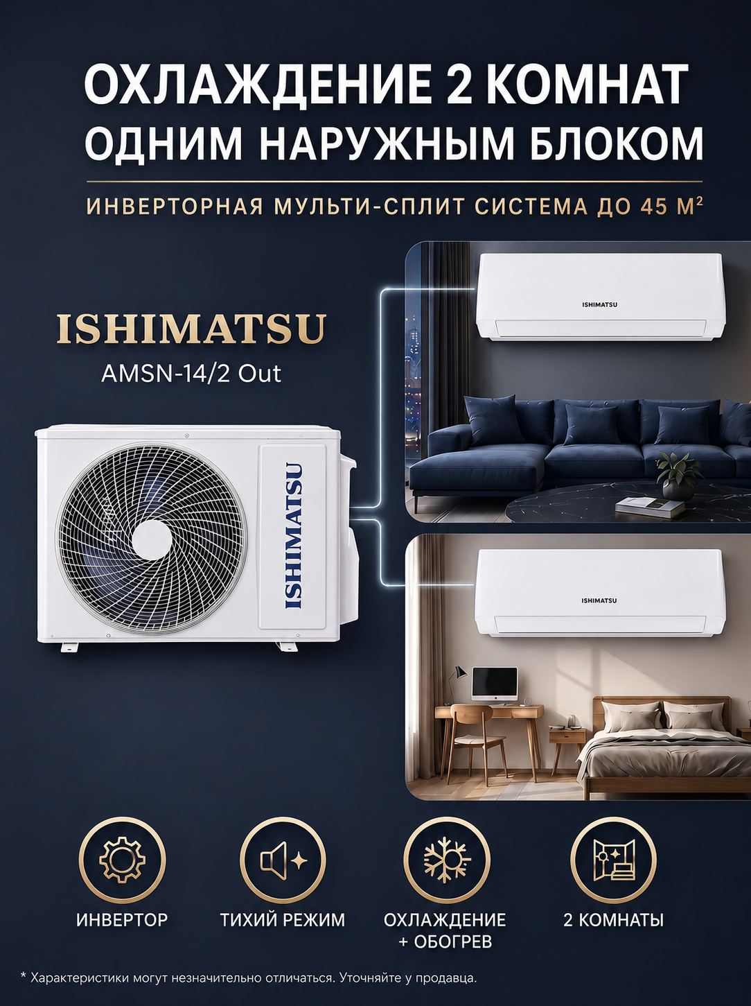 Мульти сплит-система на 2 комнаты ISHIMATSU AMSN-14/2+ISHIMATSU AMS-07+AMS-09 (21 м2 + 25м2)