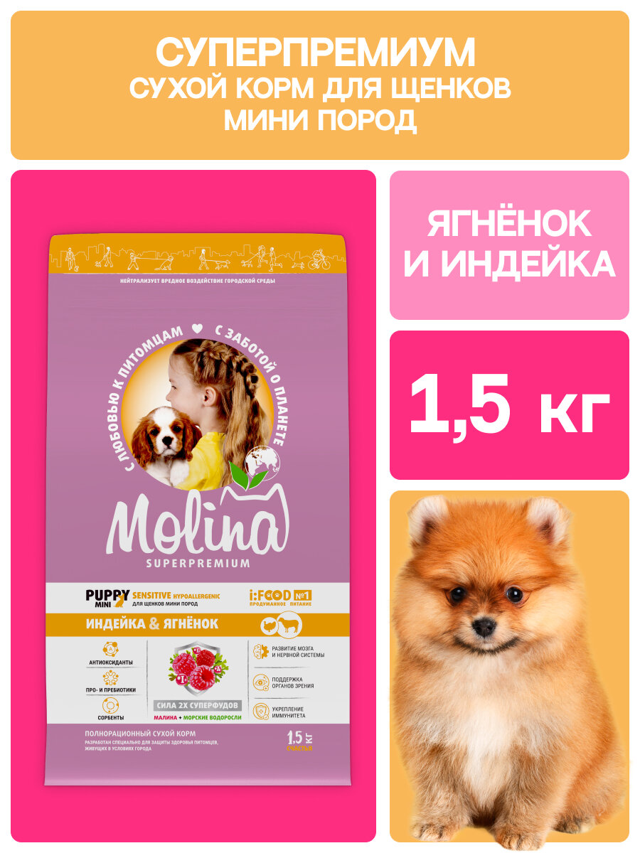 Сухой корм для щенков мелких пород с индейкой и ягненком PUPPY & JUNIOR MINI, 1,5 кг MOLINA