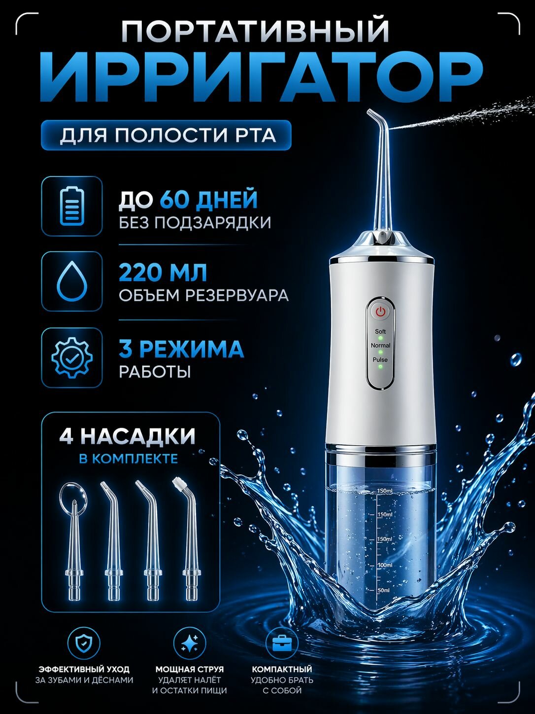 Ирригатор для зубов и десен с насадками / ирригатор для зубов портативный