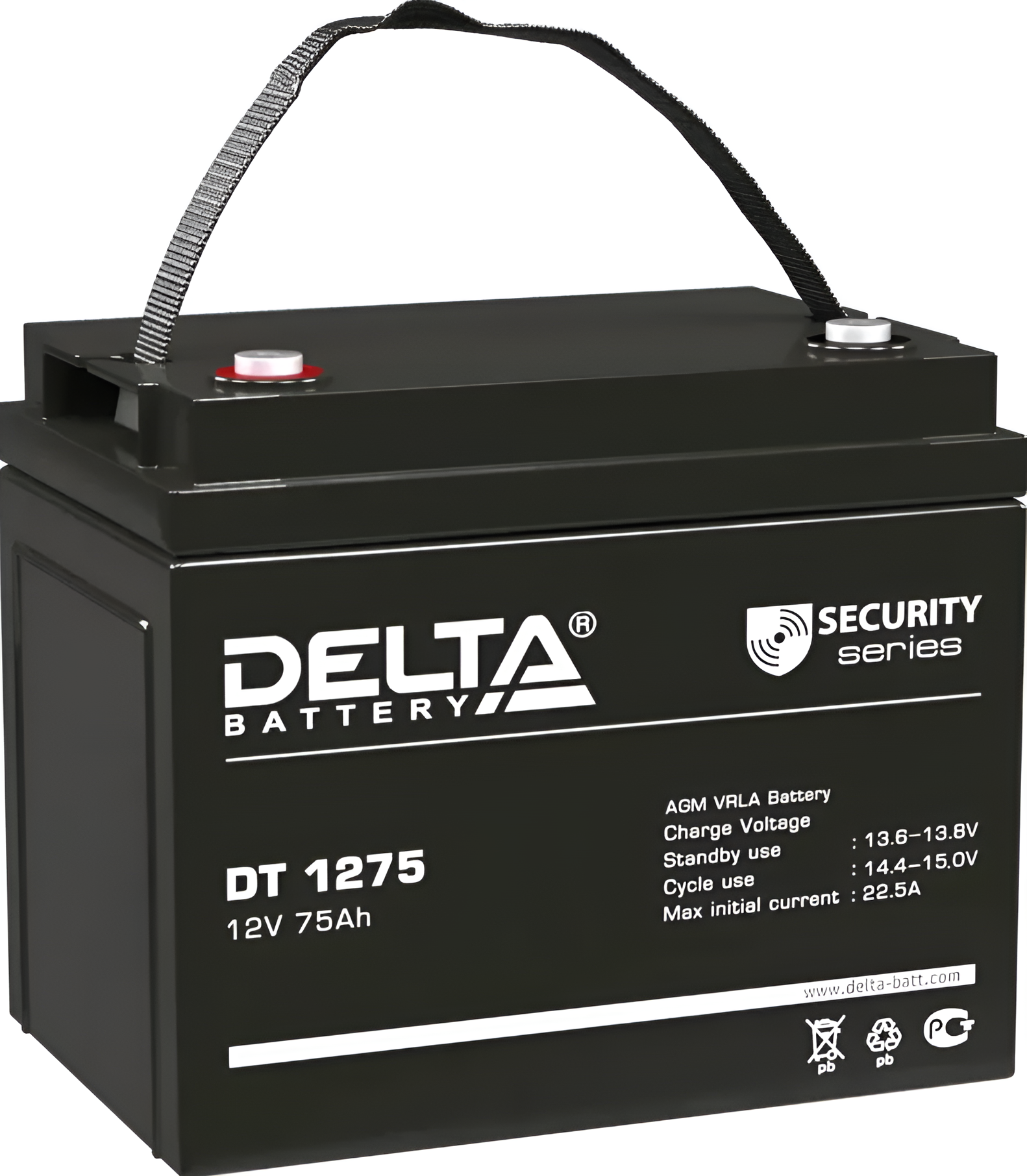 Аккумуляторная батарея Delta DT 1275 12В 75Ач, черный, ABS пластик