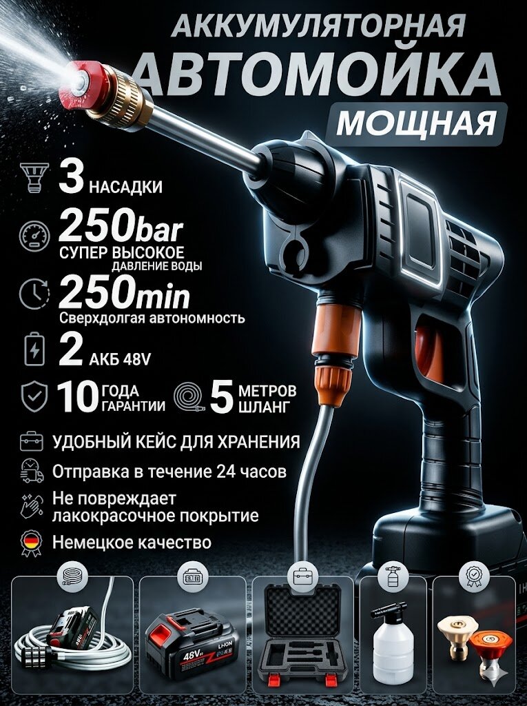 Мойка высокого давления аккумуляторная для автомобиля, Автомойка, в кейсе 2 аккумулятора, 3 насадки