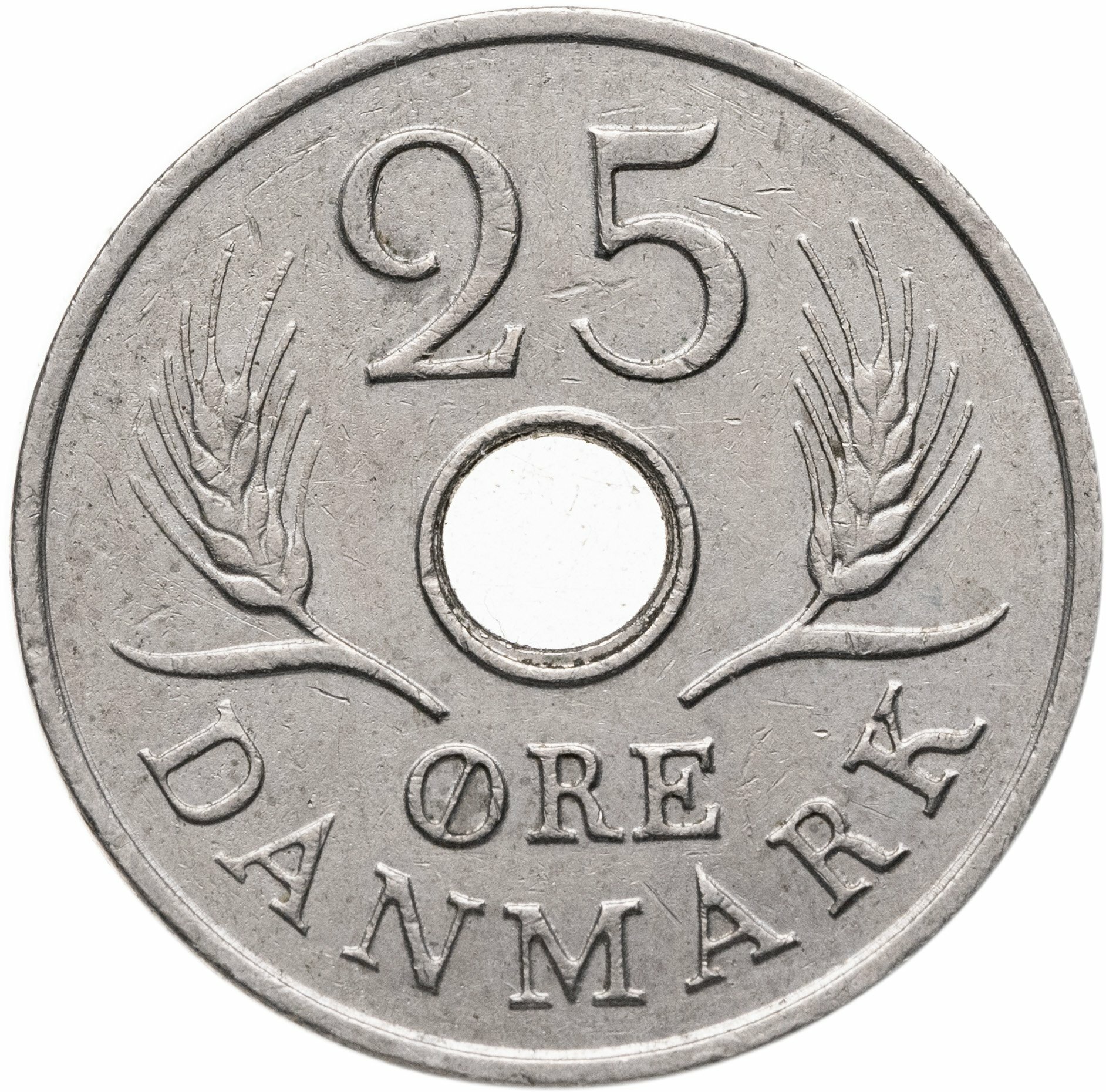 Дания 25 эре ore 1967 с отверстием, Мельхиор медь-никель, в сохранности XF