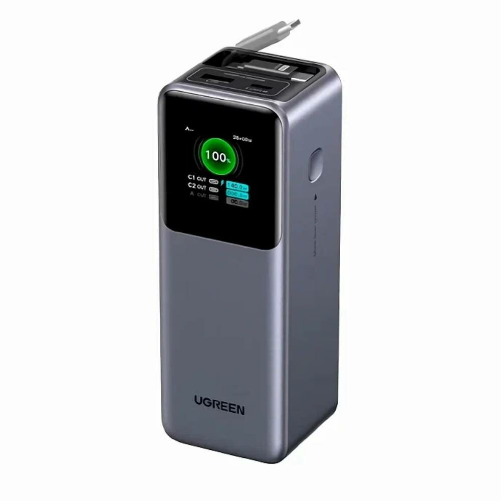 Внешний аккумулятор Ugreen PB726 165W Power Bank 20000mAh USB-C/USB-A grey cosmos с выдвижным кабелем USB-c