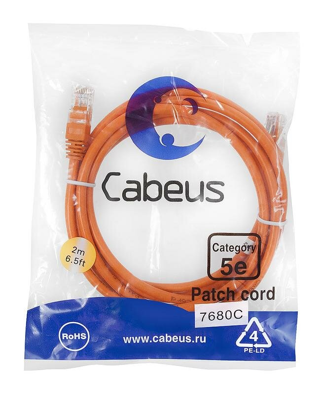 Патч-корд U/UTP кат.5E PC-UTP-RJ45-Cat.5e-2m-OR 2xRJ45/8p8c неэкранир. PVC 2м оранж. Cabeus 7680c