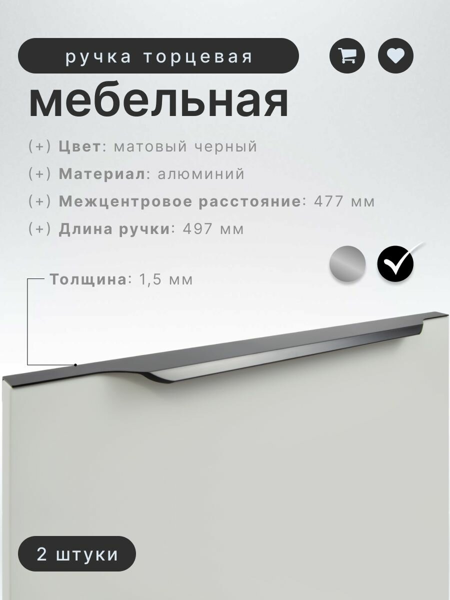 Ручка мебельная торцевая Inred IN.01.1141.477/497. MBA матовый черный, комплект 2 шт, ручка для шкафов, ящиков, комодов, для кухонного гарнитура, фурнитура для мебели