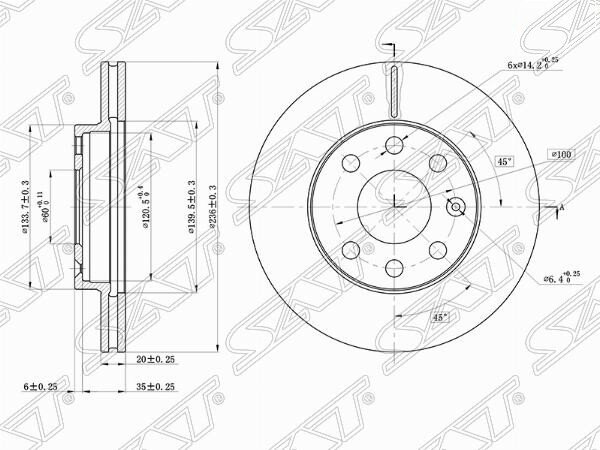 Диск тормозной спереди SAT ST-43512-16070 Toyota Corolla II 90-94 / Corsa 90-99